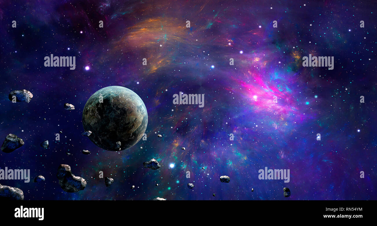 Space scene. Colorful nebula with planet and asteroids. Elements ...