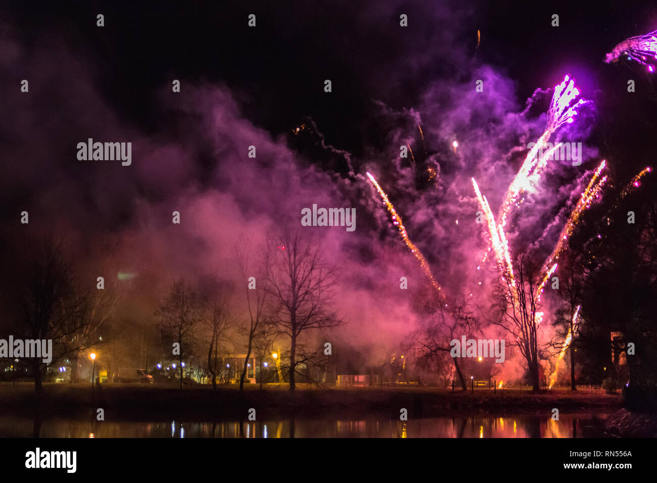 Violet fireworks on dark sky with trees and Vltava river Stock Photo ...