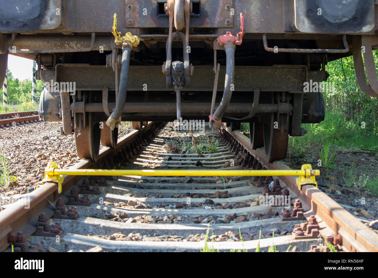 Parking brake on railway track with wagon Stock Photo - Alamy