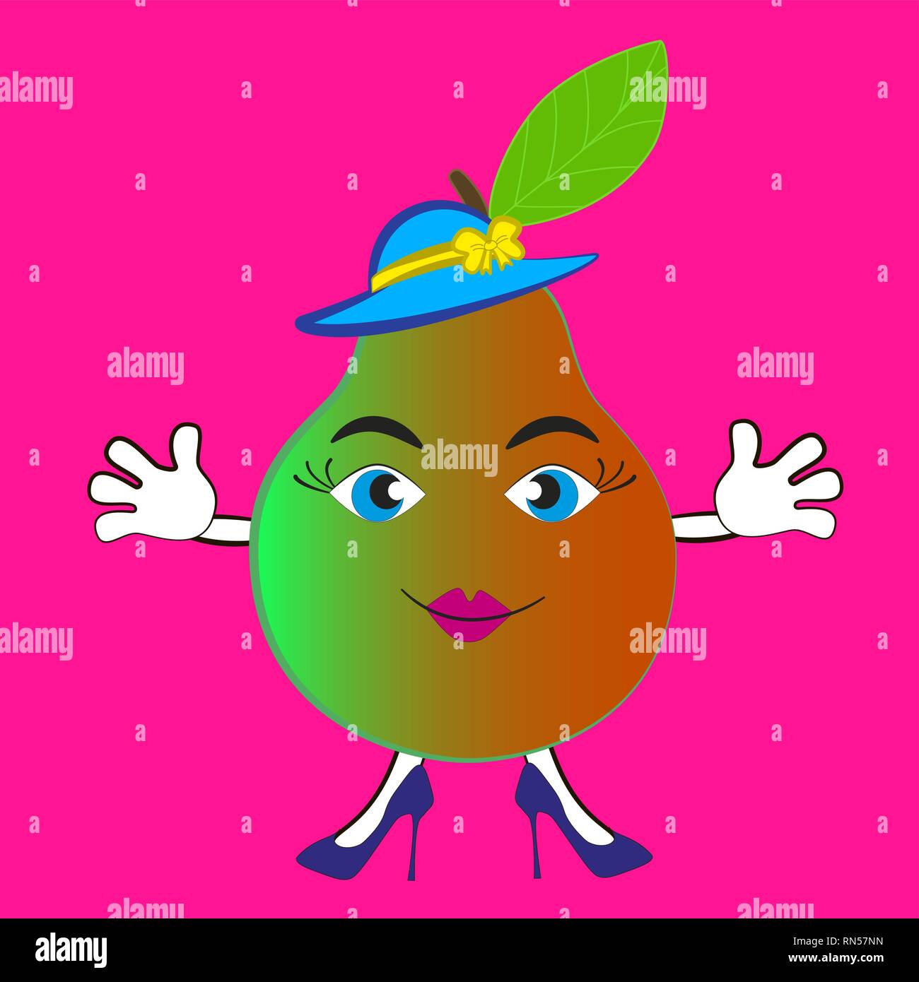 Cute cartoon pear in a hat with feminine features isolated pink ...