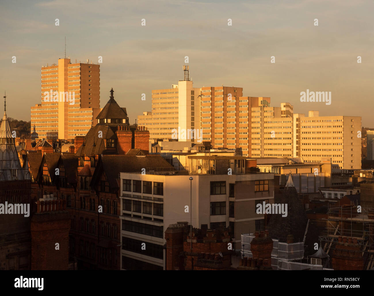Aerial view of Nottingham City at dusk, Nottinghamshire England UK ...