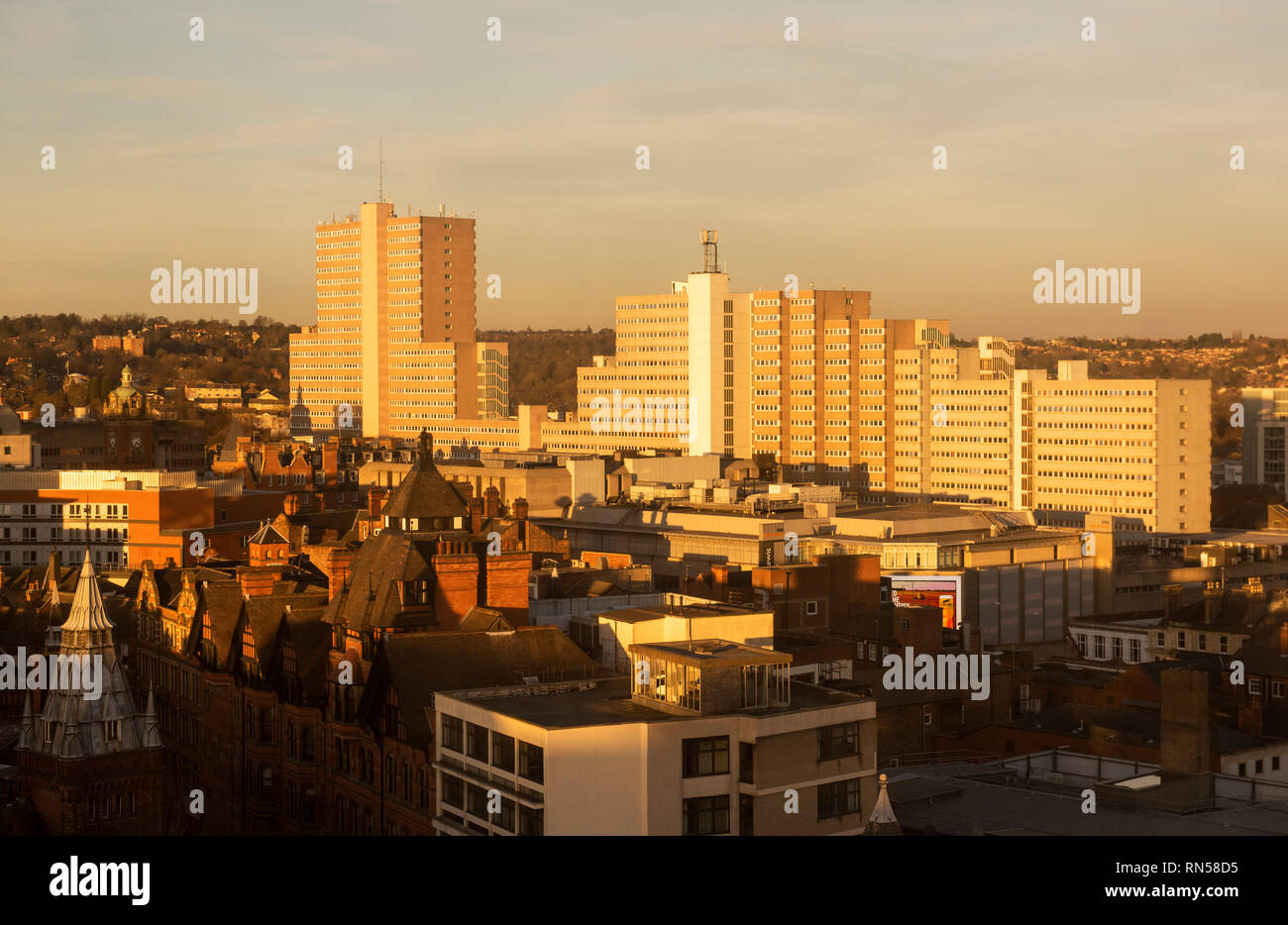 Aerial view of Nottingham City at dusk, Nottinghamshire England UK ...