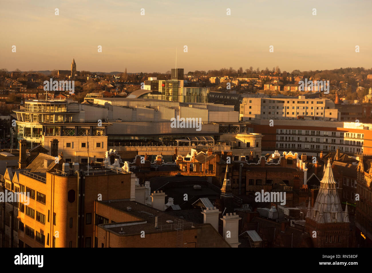 Aerial view of Nottingham City at dusk, Nottinghamshire England UK ...