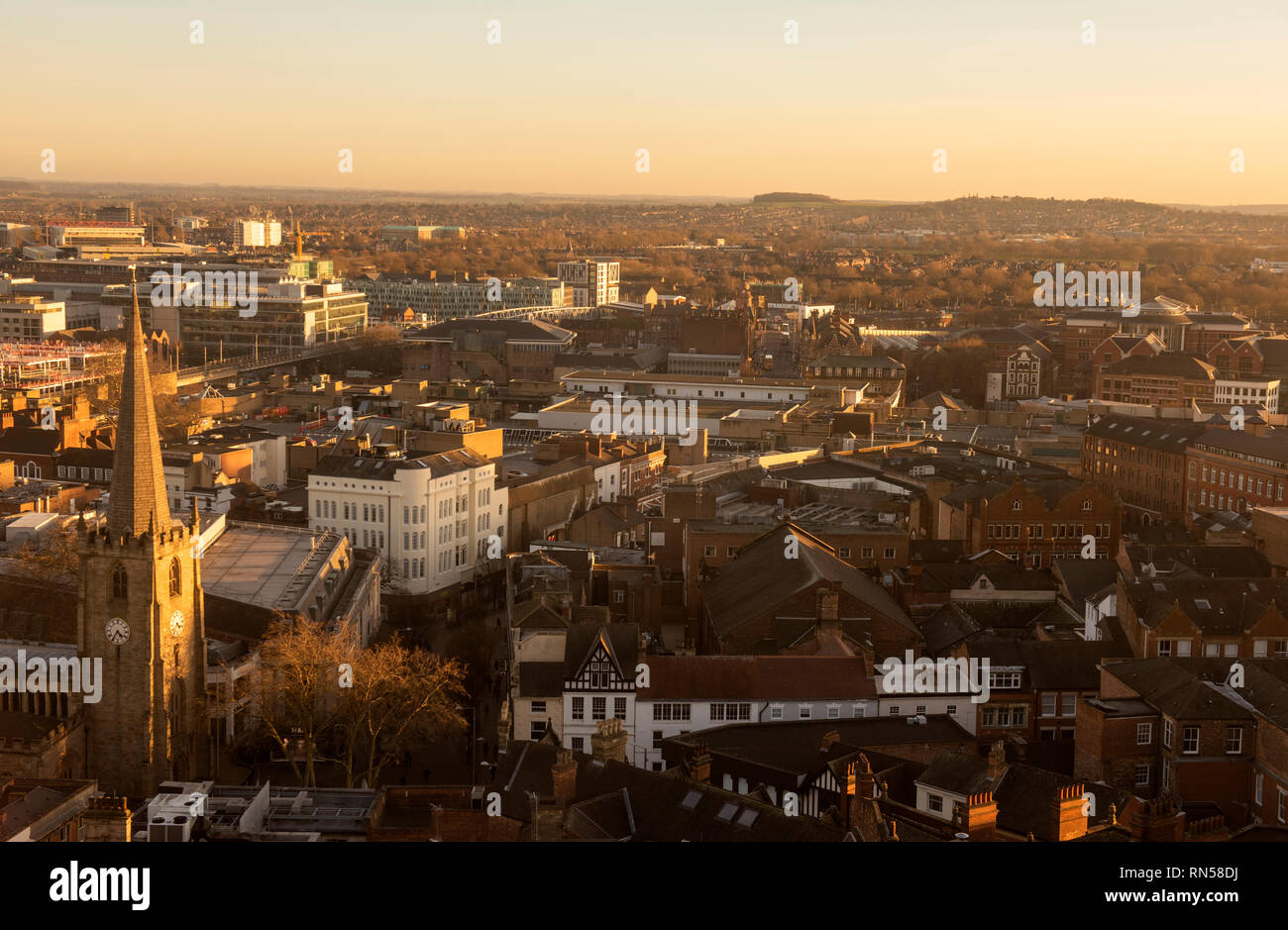 Aerial view of Nottingham City at dusk, Nottinghamshire England UK ...