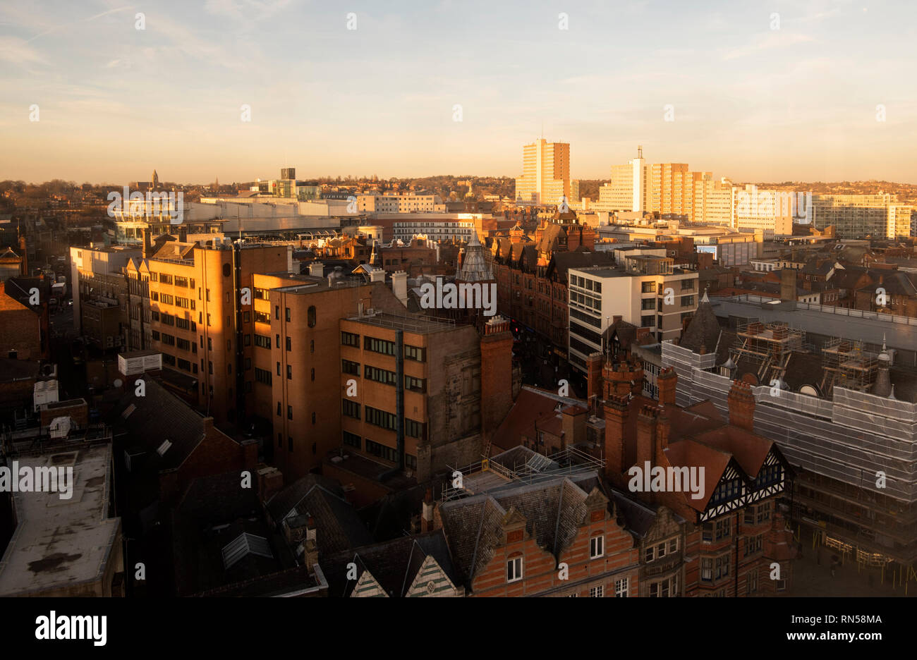 Aerial view of Nottingham City at dusk, Nottinghamshire England UK ...