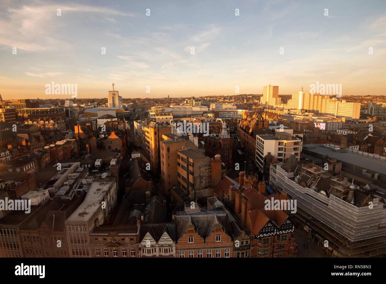 Aerial view of Nottingham City at dusk, Nottinghamshire England UK ...