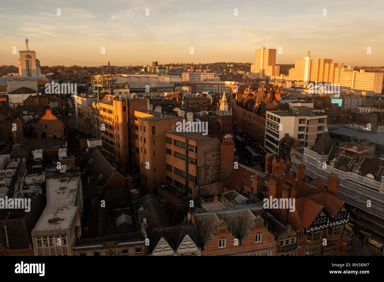 Aerial view of Nottingham City at sunset, Nottinghamshire England UK ...
