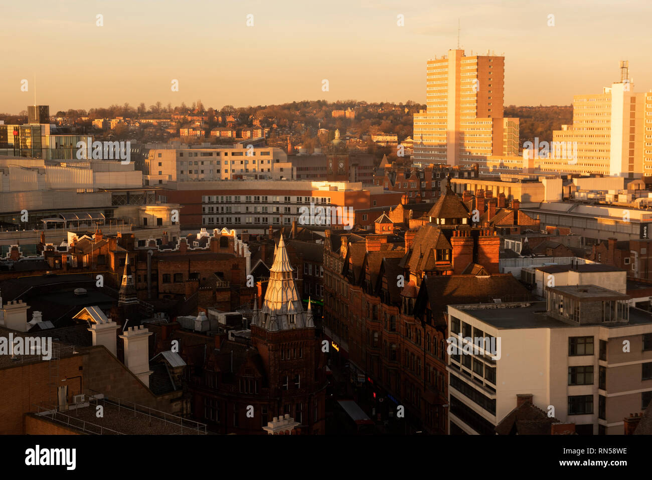 Aerial view of Nottingham City at sunset, Nottinghamshire England UK ...