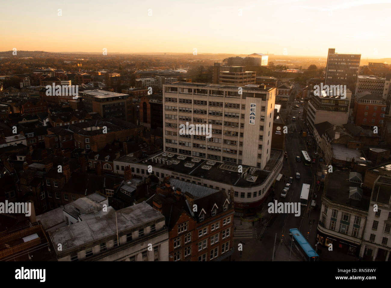Aerial view of Nottingham City at sunset, Nottinghamshire England UK ...