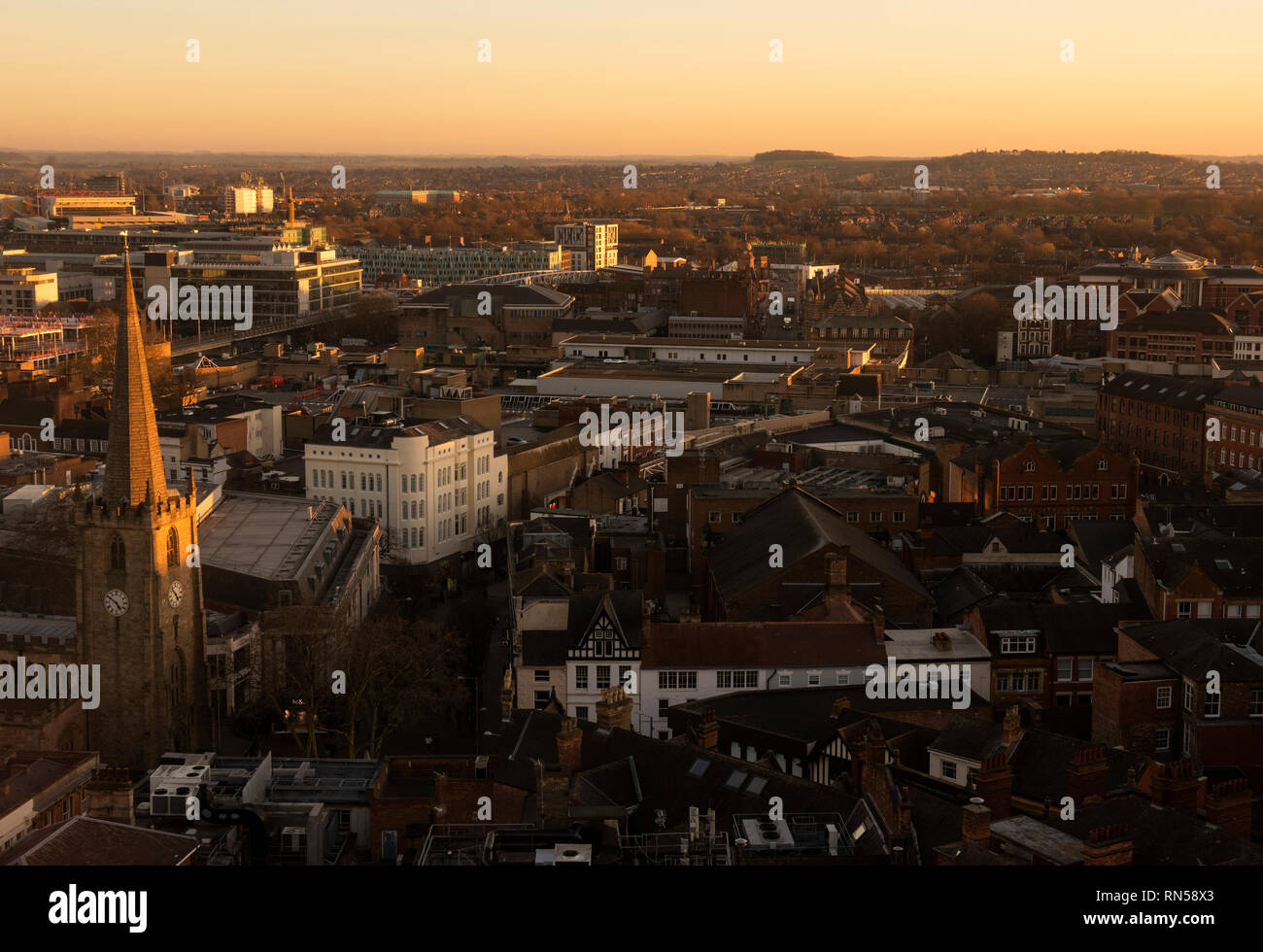 Aerial view of Nottingham City at sunset, Nottinghamshire England UK ...