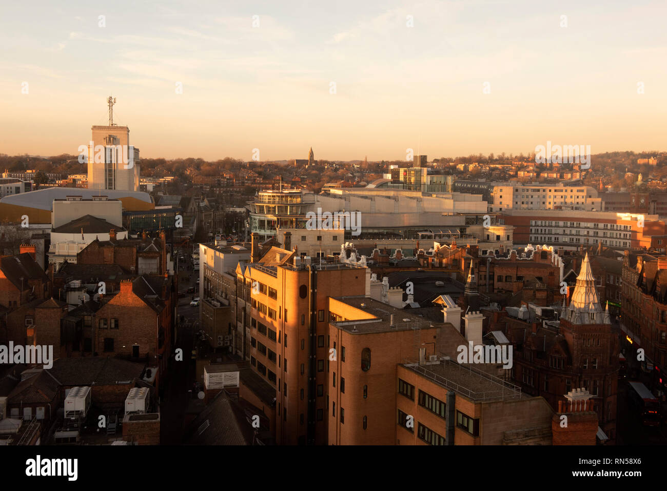 Aerial view of Nottingham City at sunset, Nottinghamshire England UK ...