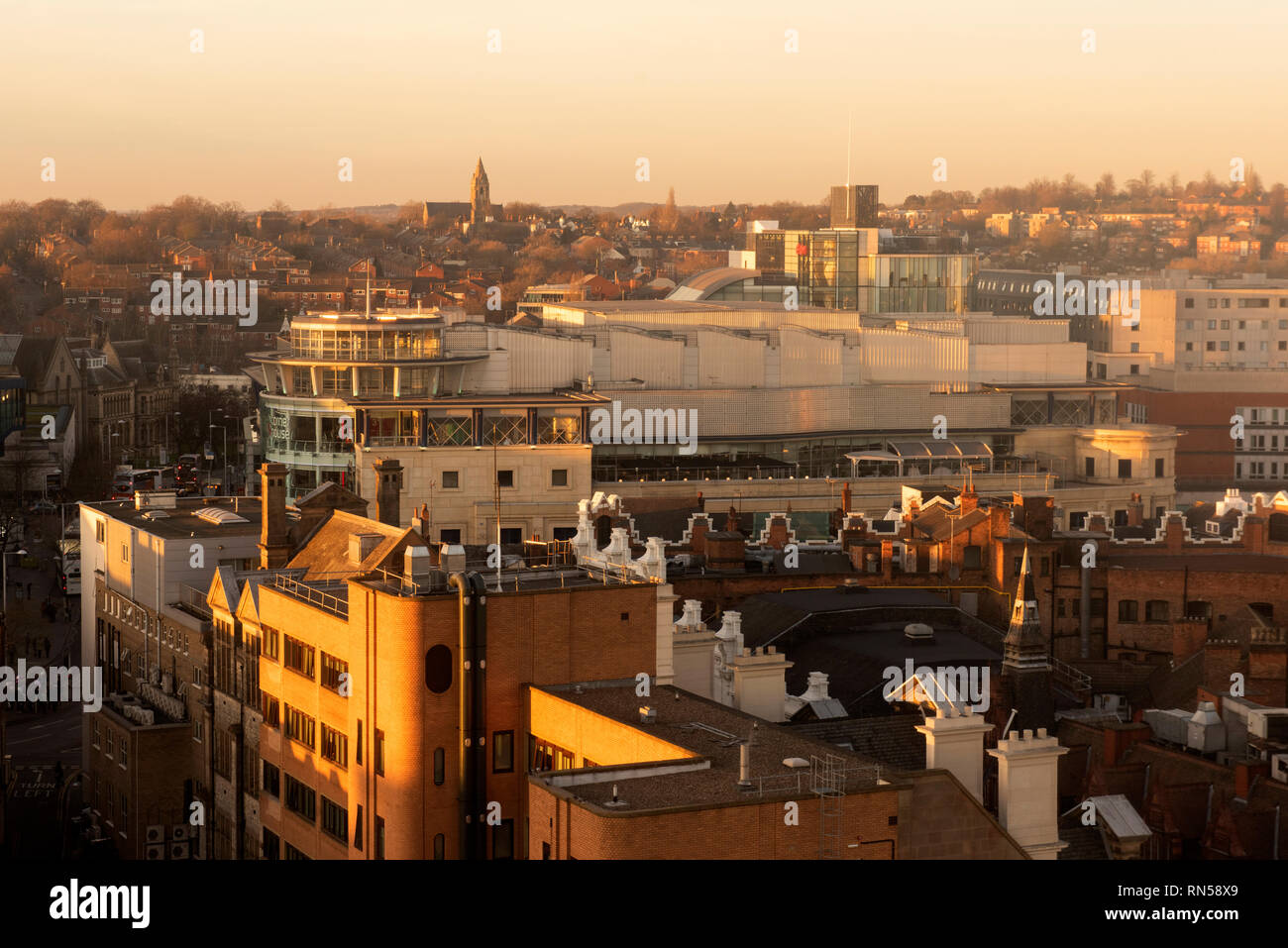Aerial view of Nottingham City at sunset, Nottinghamshire England UK ...