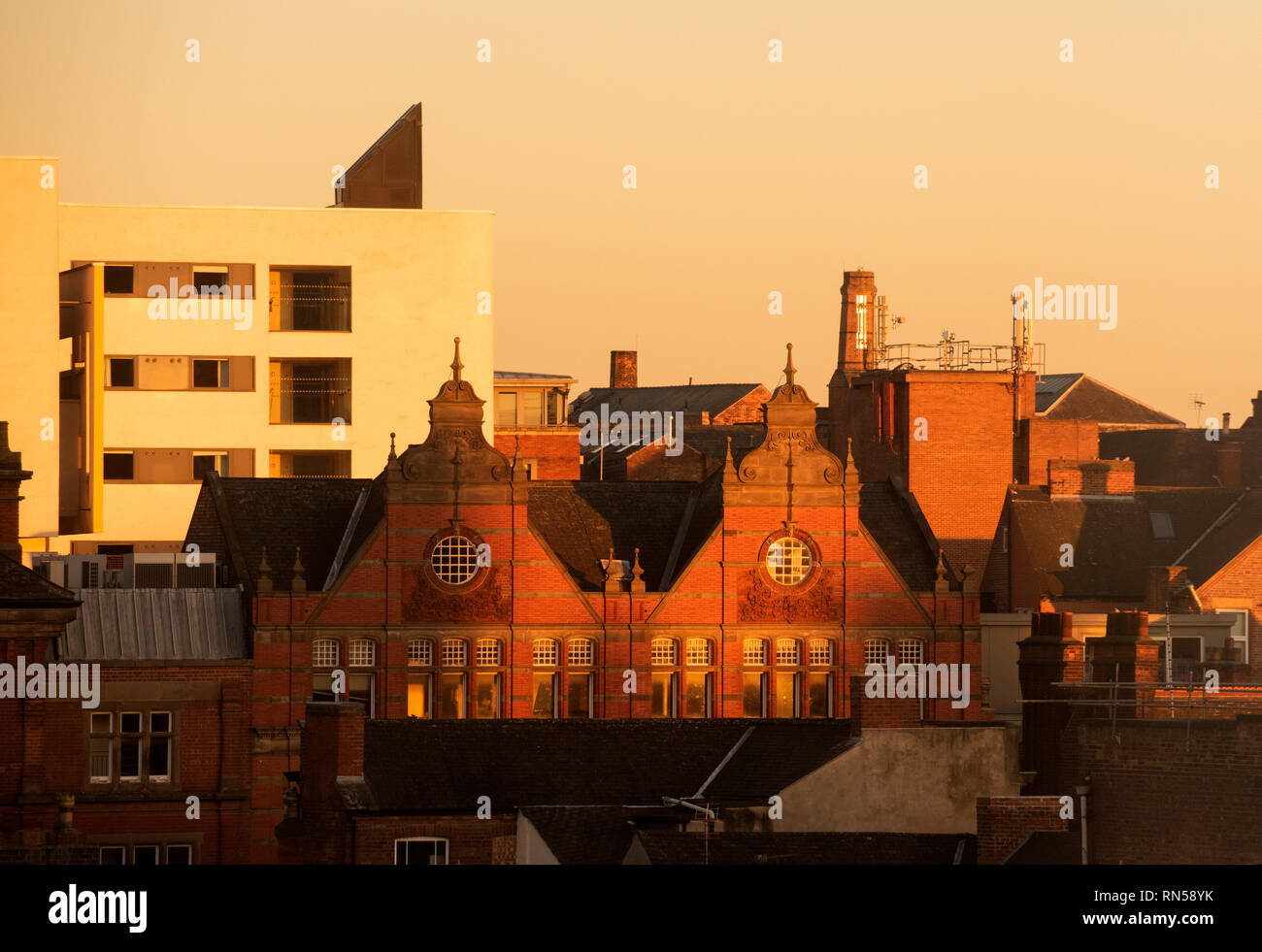 Aerial view of Nottingham City at sunset, Nottinghamshire England UK ...