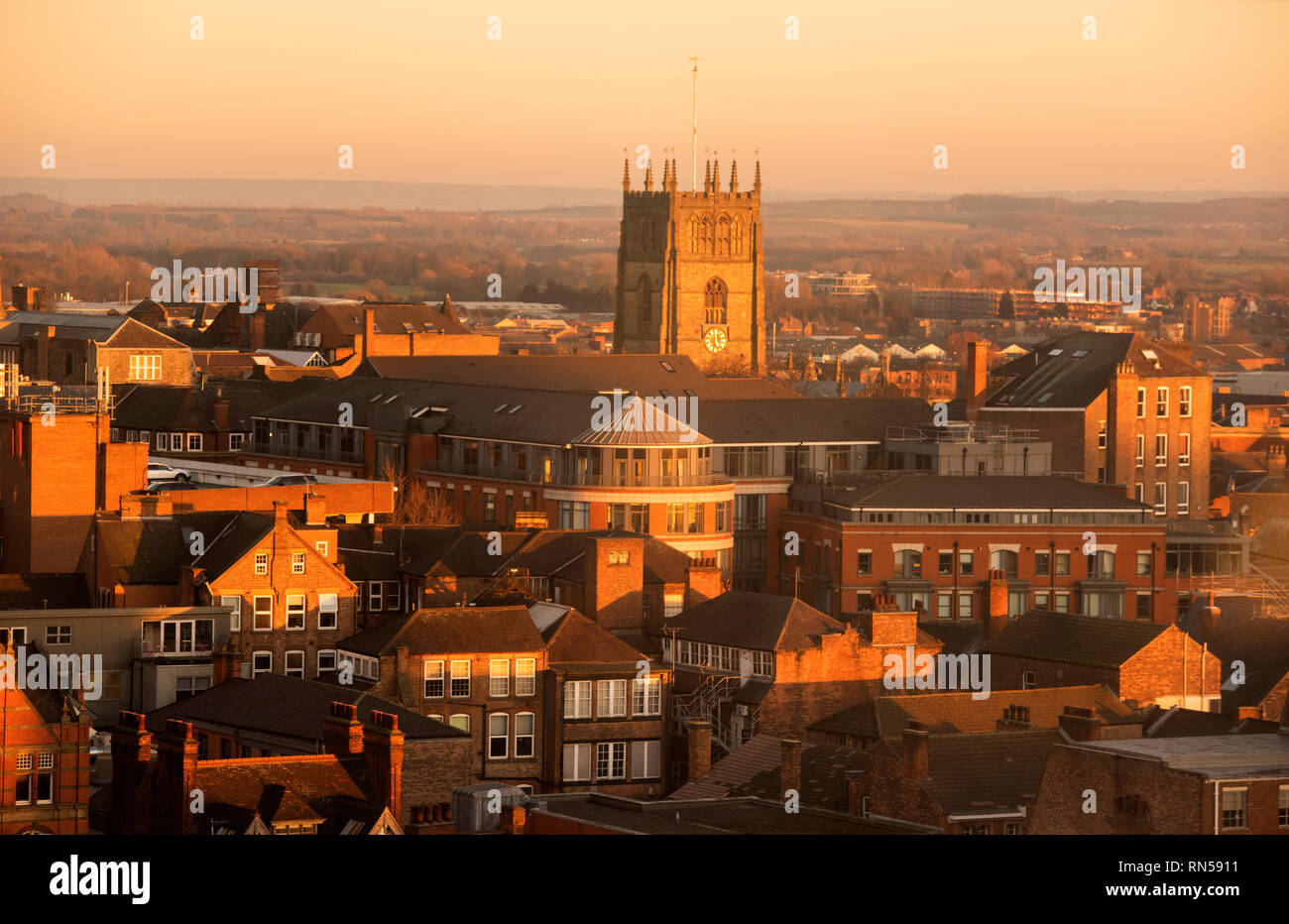 Aerial view of Nottingham City at sunset, Nottinghamshire England UK ...