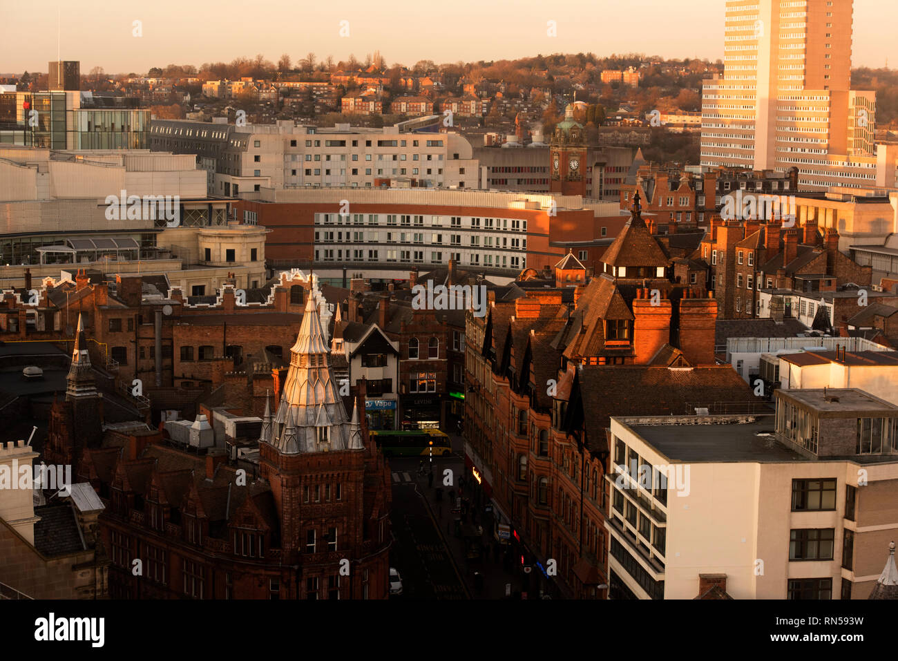 Aerial view of Nottingham City at sunset, Nottinghamshire England UK ...
