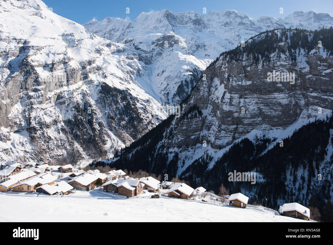 swiss alps landscape. Gimmelwald is a small mountain village in the ...