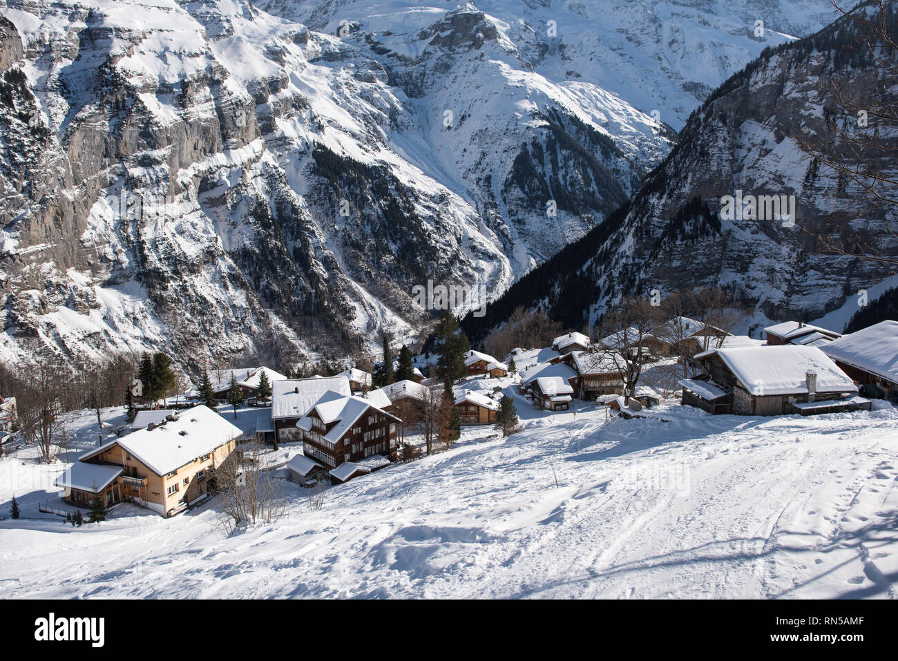 swiss alps landscape. Gimmelwald is a small mountain village in the ...