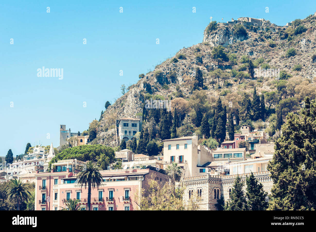 Beautiful view of Taormina, facades of ancient buildings, Sicily, Italy ...