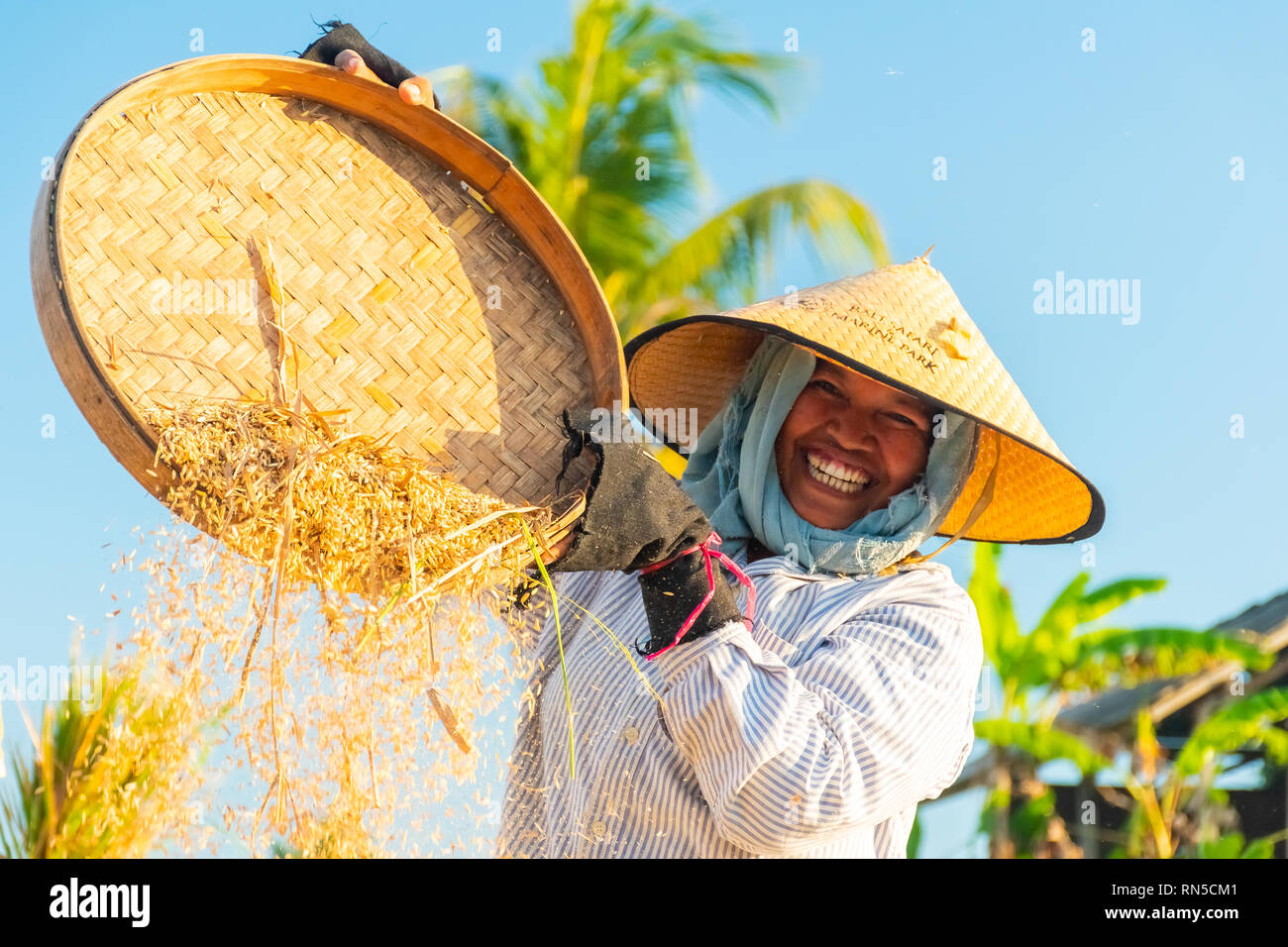 BALI, INDONESIA - April 12, 2018: Female Balinese farm-workers laugh as ...