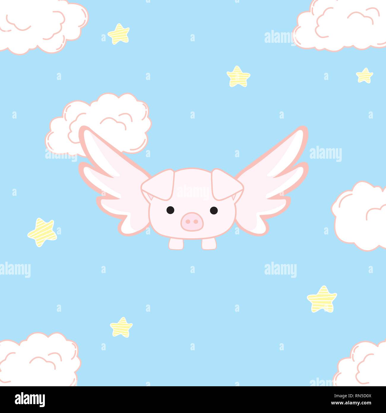 Cute little pig flying in the clouds hand drawn .vector illustration ...