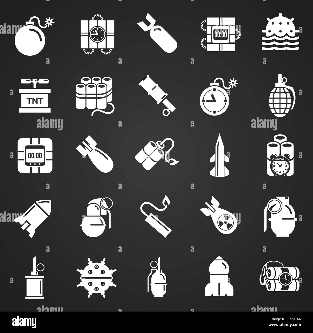 Bomb and weapon icons set on balck background for graphic and web ...