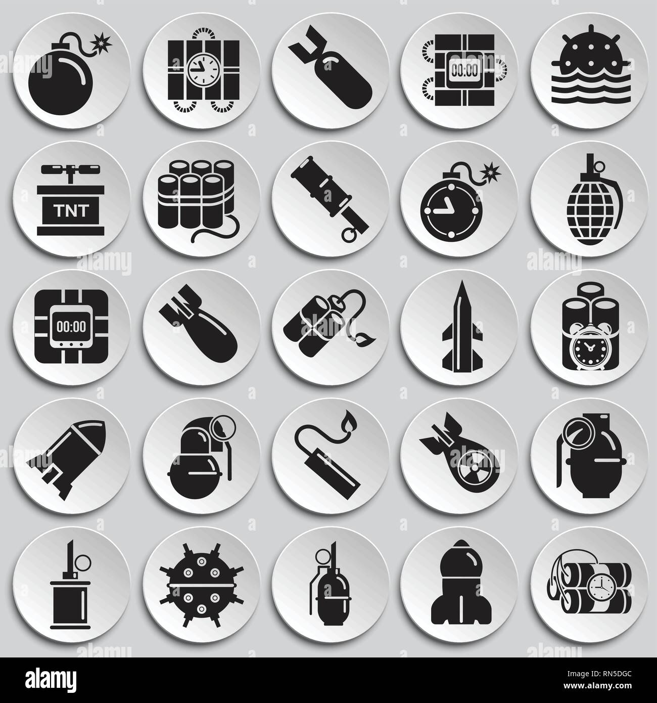 Bomb and weapon icons set on plates background for graphic and web ...