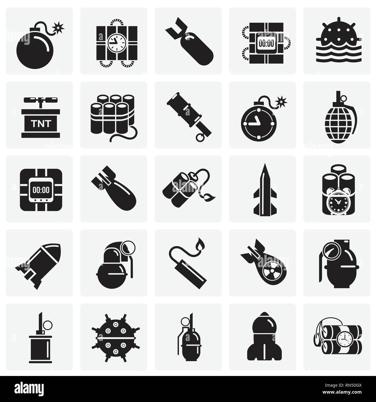 Bomb and weapon icons set on squares background for graphic and web ...