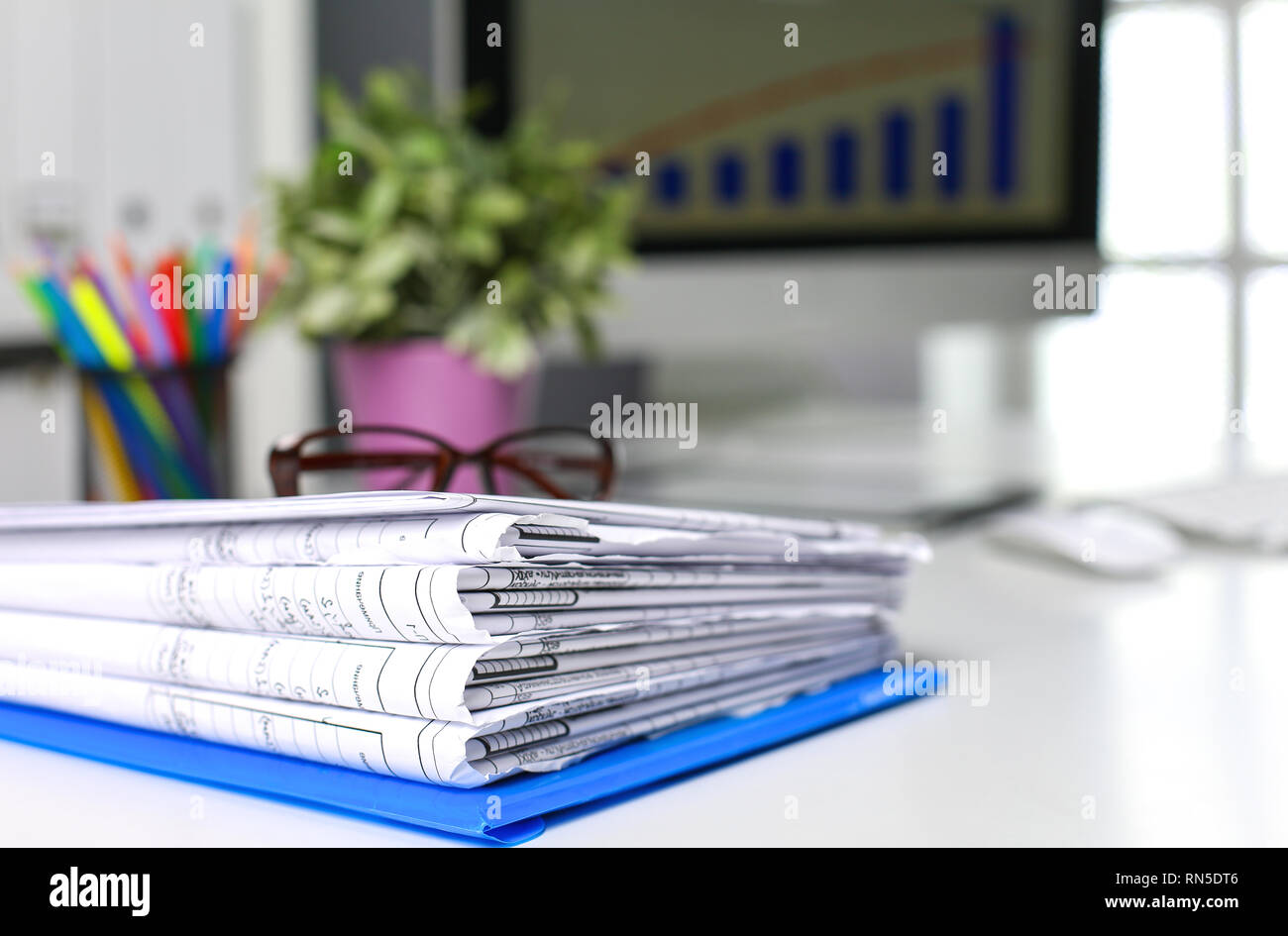 Workspace desktop, documents on the office table Stock Photo - Alamy
