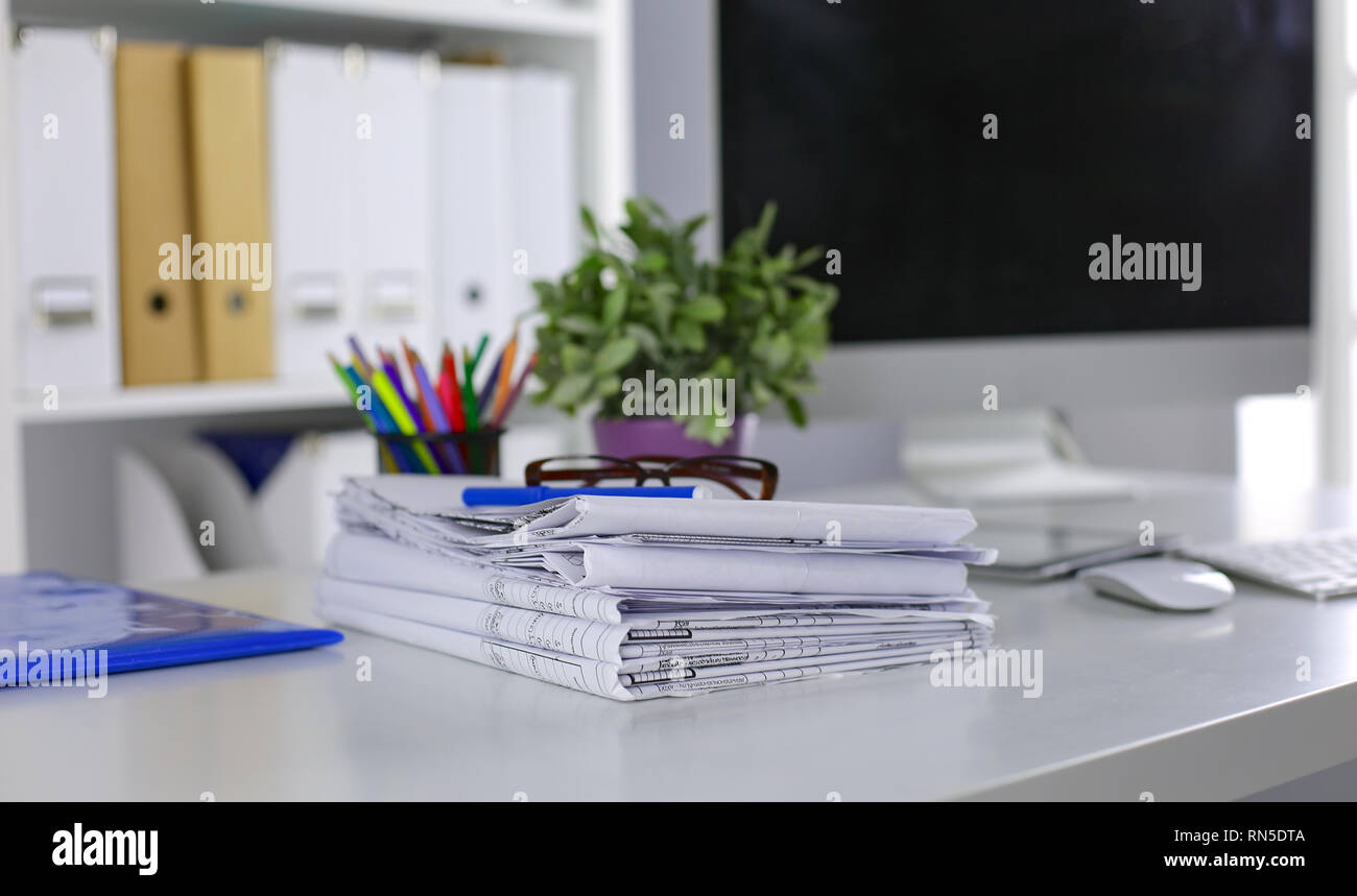 Workspace desktop, documents on the office table Stock Photo - Alamy