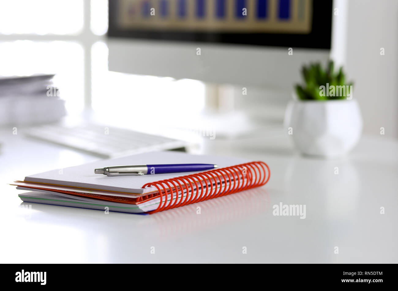 Workspace desktop, documents on the office table Stock Photo - Alamy