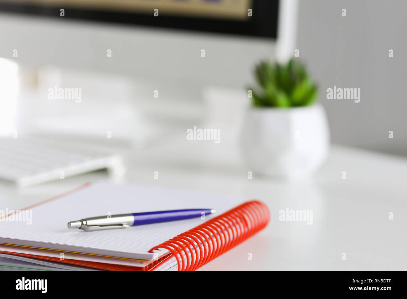 Workspace desktop, documents on the office table Stock Photo - Alamy