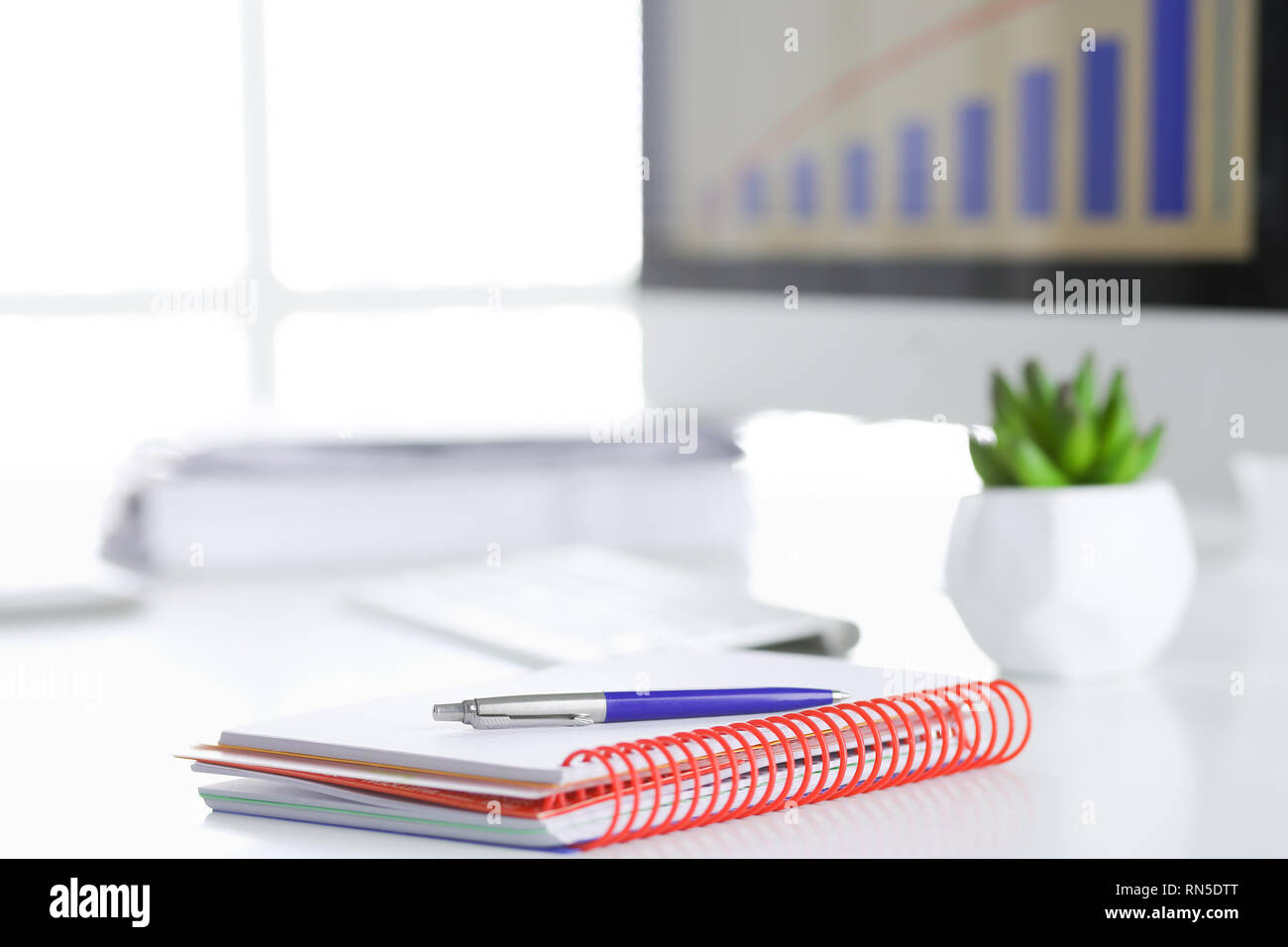 Workspace desktop, documents on the office table Stock Photo - Alamy