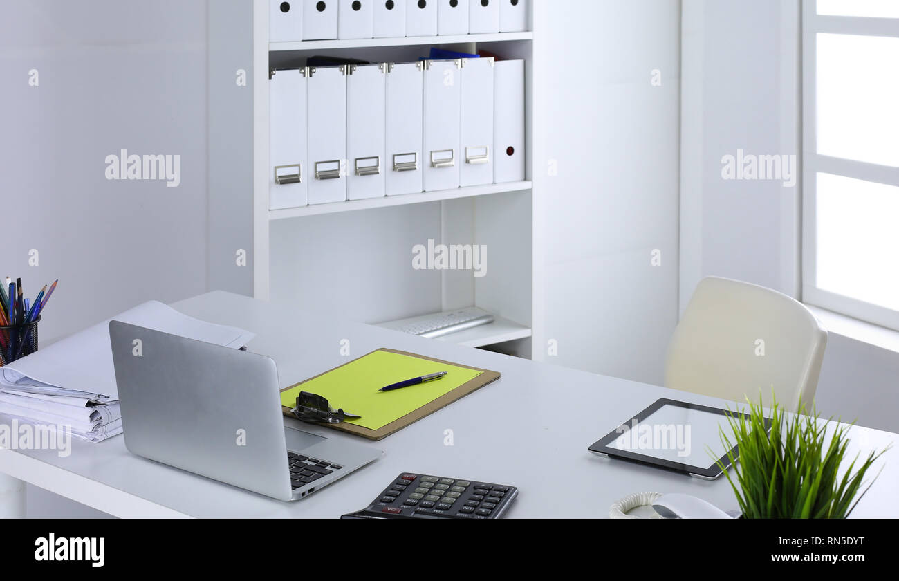 Workspace desktop, documents on the office table Stock Photo - Alamy