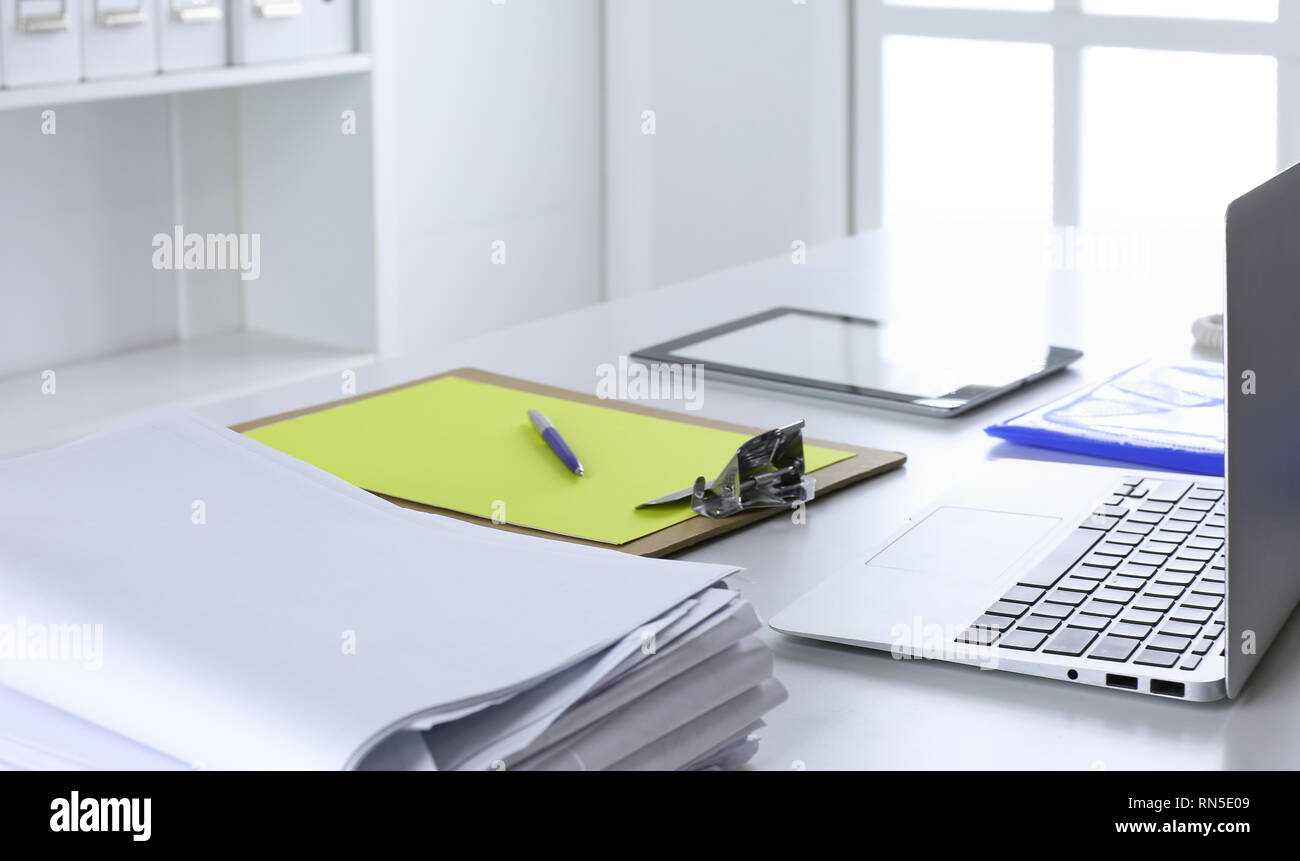 Workspace desktop, documents on the office table Stock Photo - Alamy