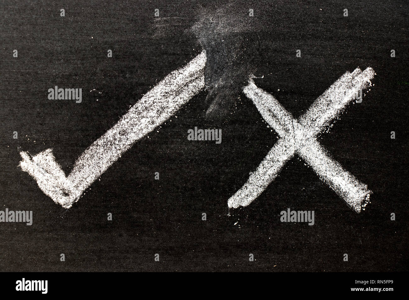 White color chalk hand drawing as check mark of right and wrong shape ...