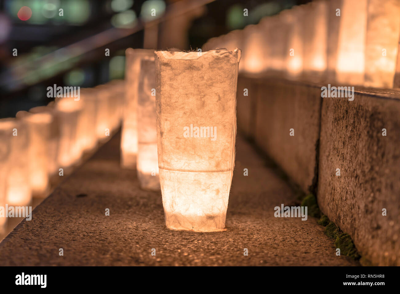 Handmade japanese washi paper lanterns illuminating the stone steps of ...