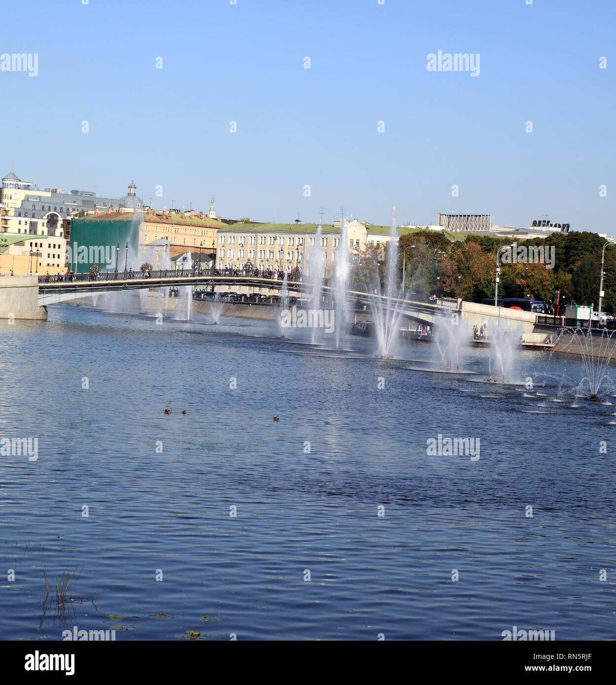 many fountain on river Stock Photo - Alamy