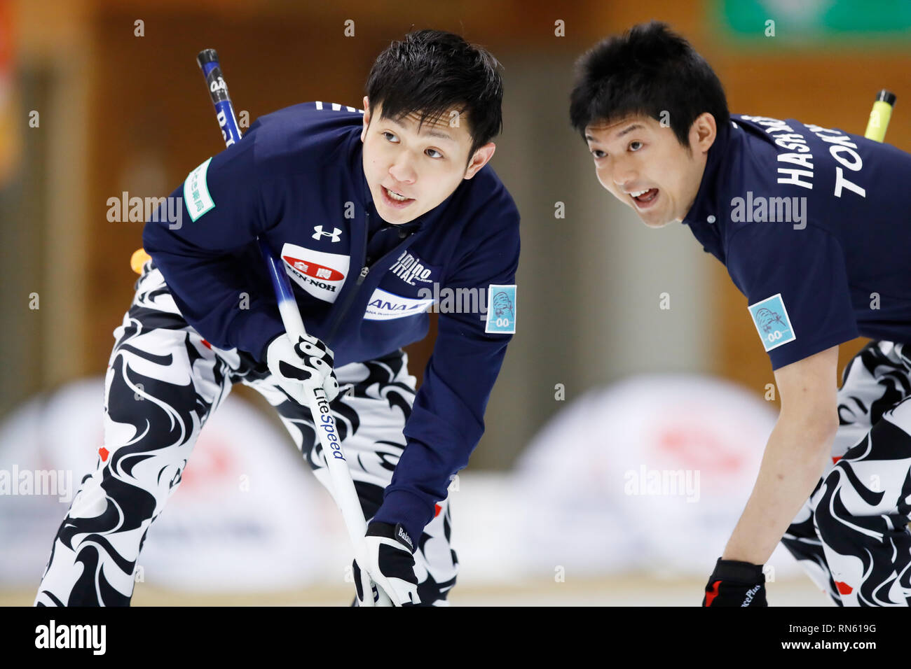 Hokkaido, Japan. 17th Feb, 2019. (L to R) Kosuke Morozumi, Shotaro Hashimoto ( ) Curling : Japan ...
