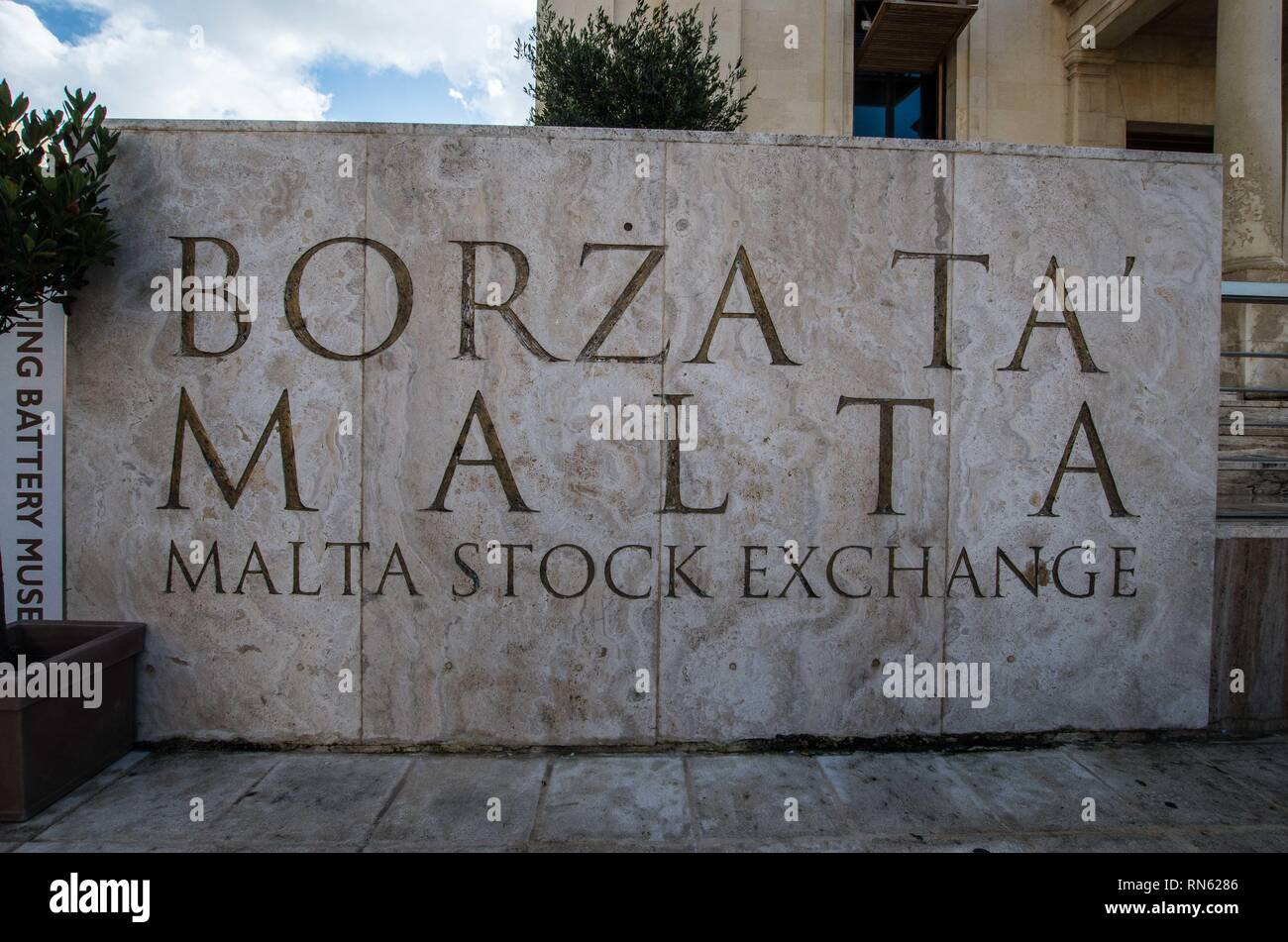 Valletta, Malta. 16th Feb, 2019. The sign for the Malta Stock Exchange ...
