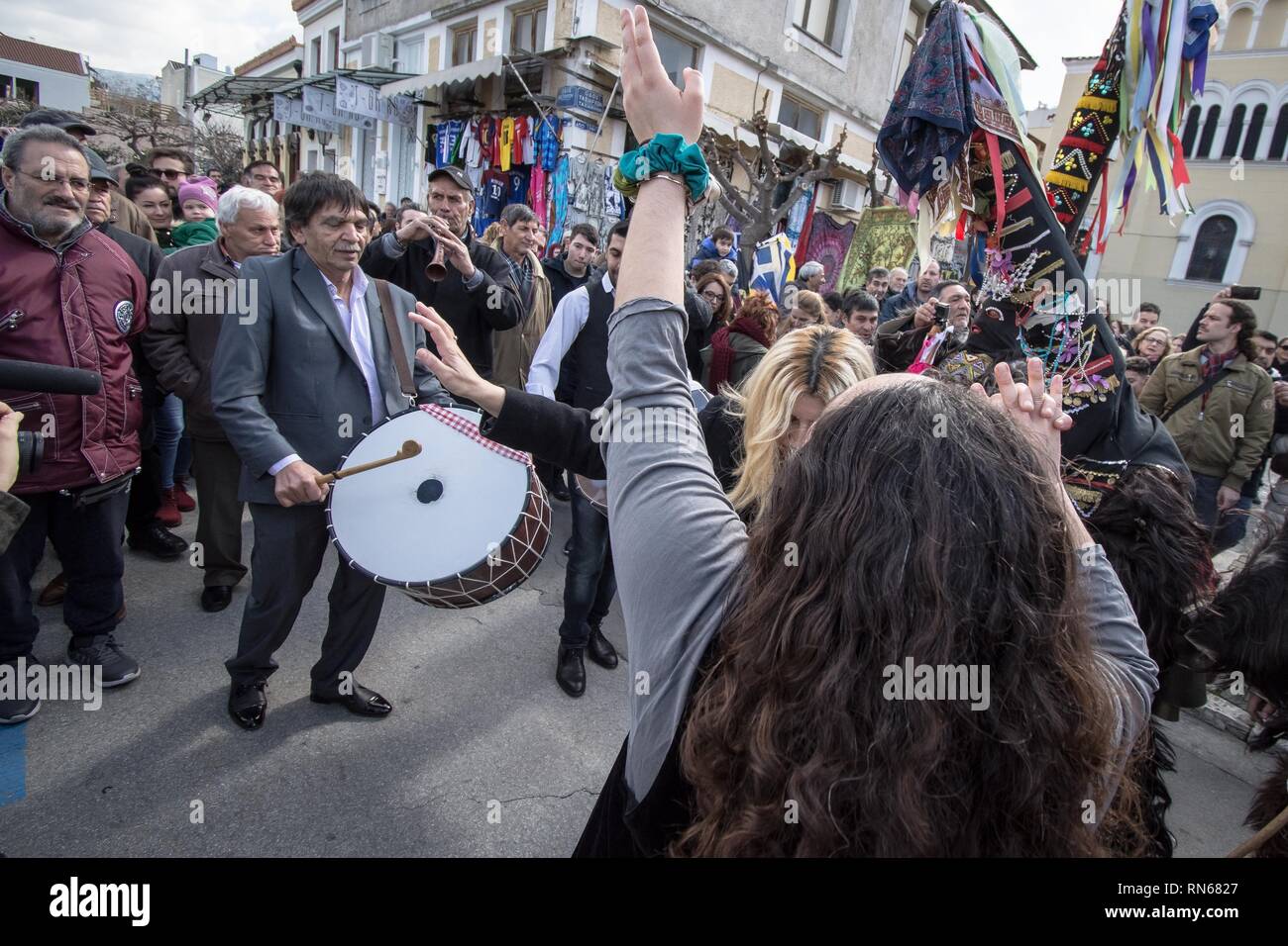 Athens, Greece. 17th Feb, 2019. Participants seen playing traditional ...