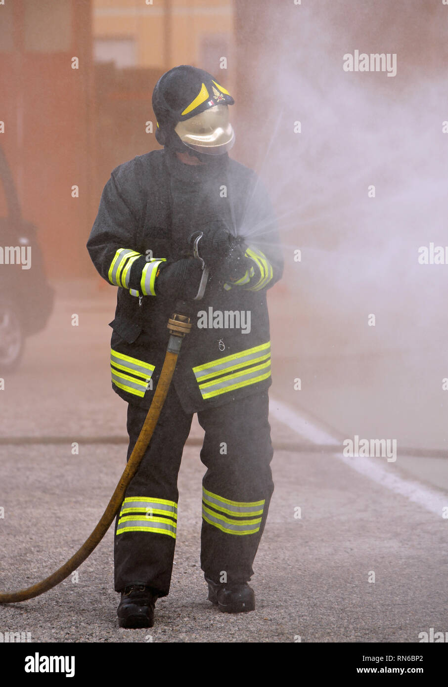 Vicenza, VI, Italy - May 10, 2018: italian fireman with uniform and ...