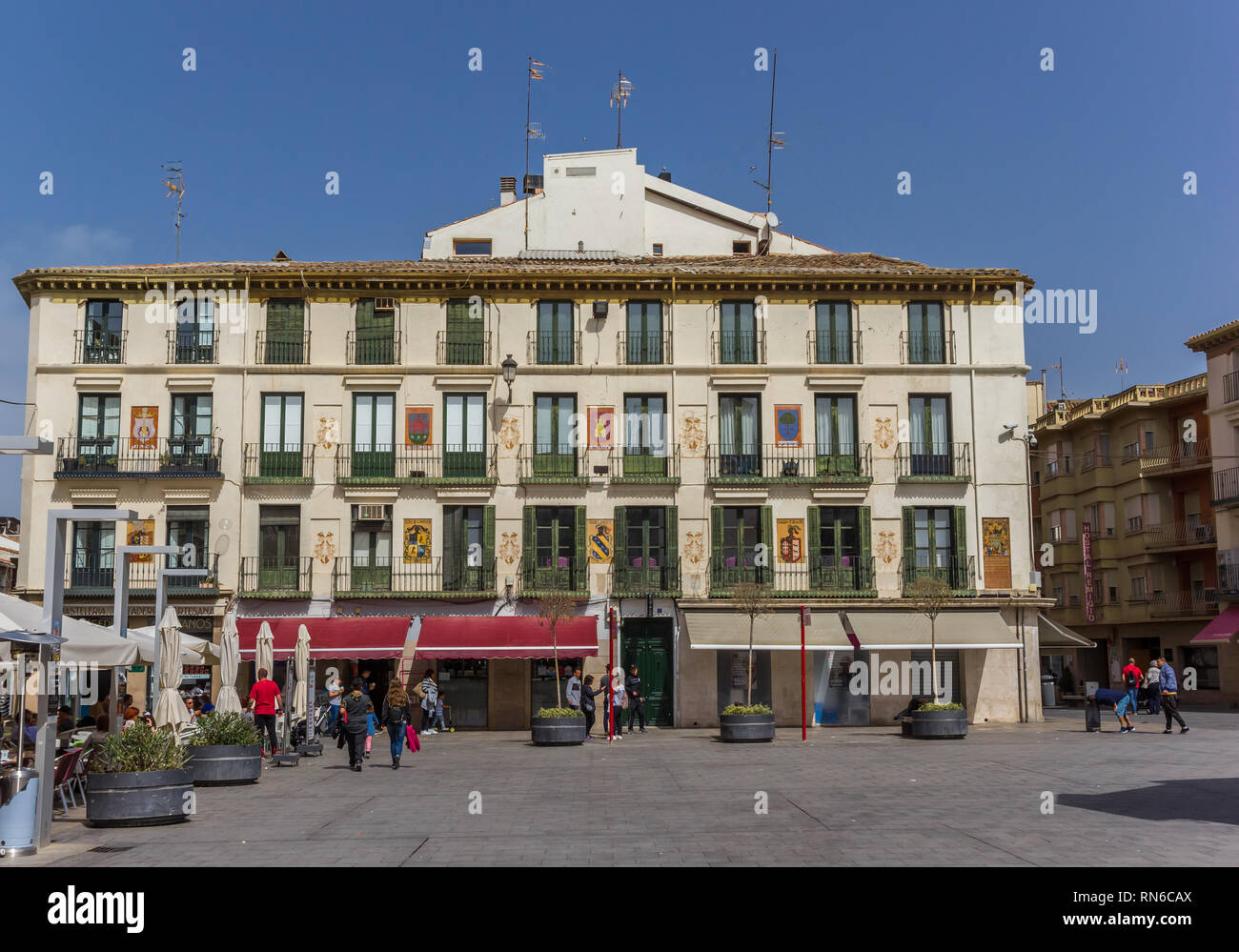 Central market square in the historic city of Tudela, Spain Stock Photo ...