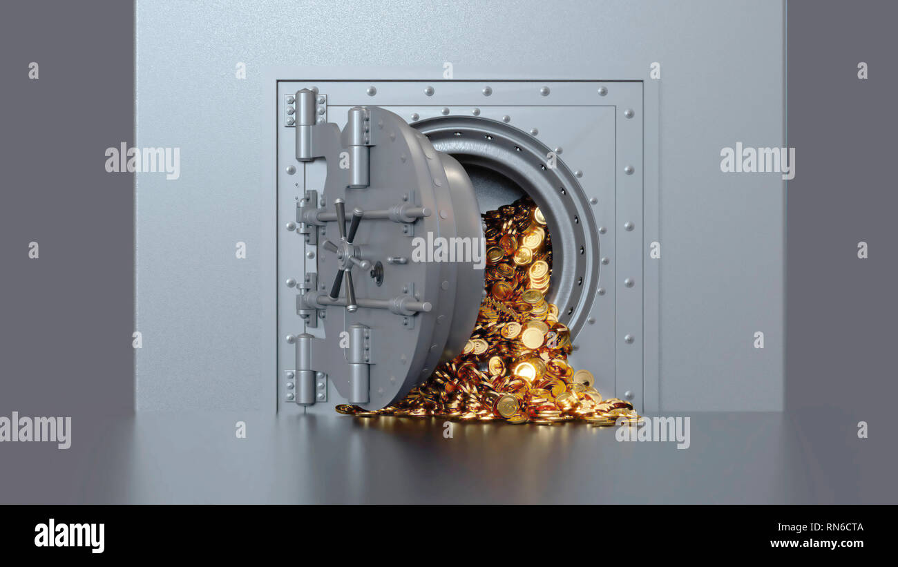 Bank vault door opening revealing a golden coin. 3d rendering Stock Photo - Alamy