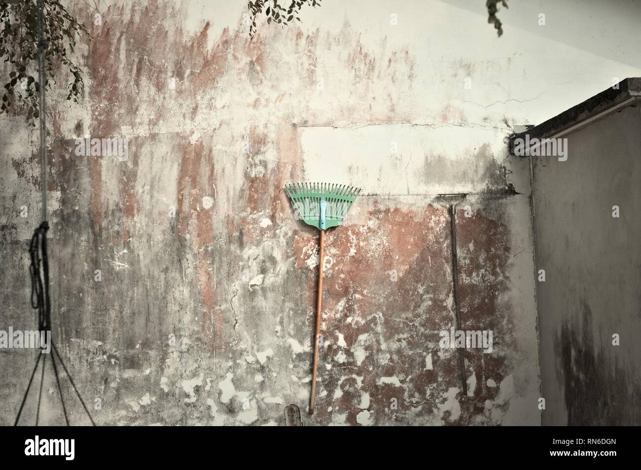 Isolated rake hanging on the wall (Ari Atoll, Maldives Stock Photo - Alamy