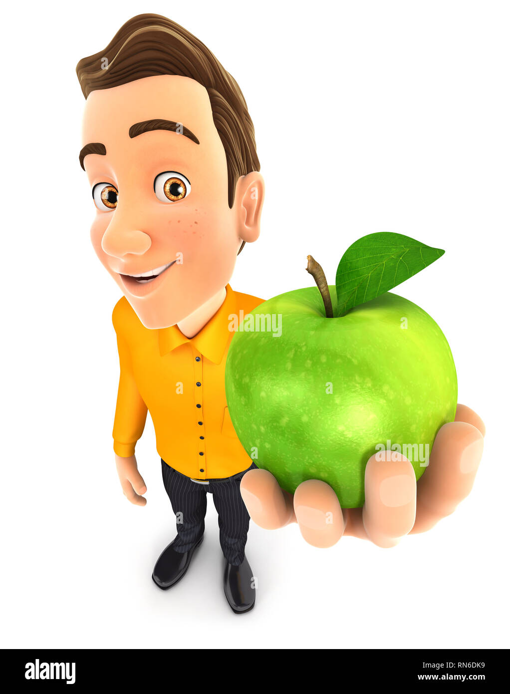 3d man holding green apple, illustration with isolated white background ...