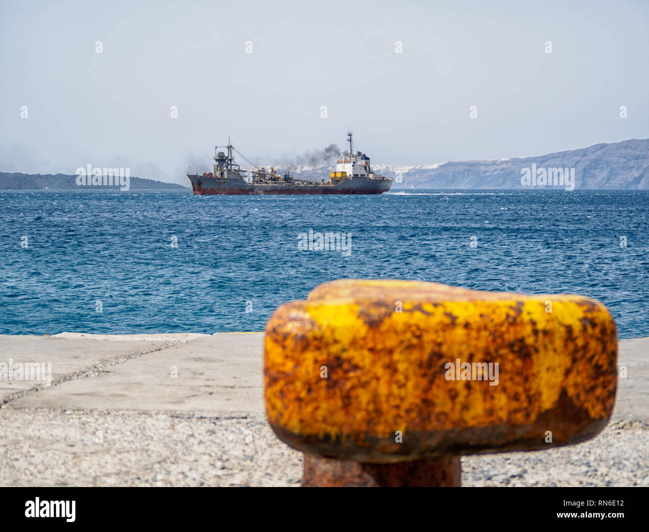 Small ship, Athinios port, Santorini Greece Stock Photo - Alamy