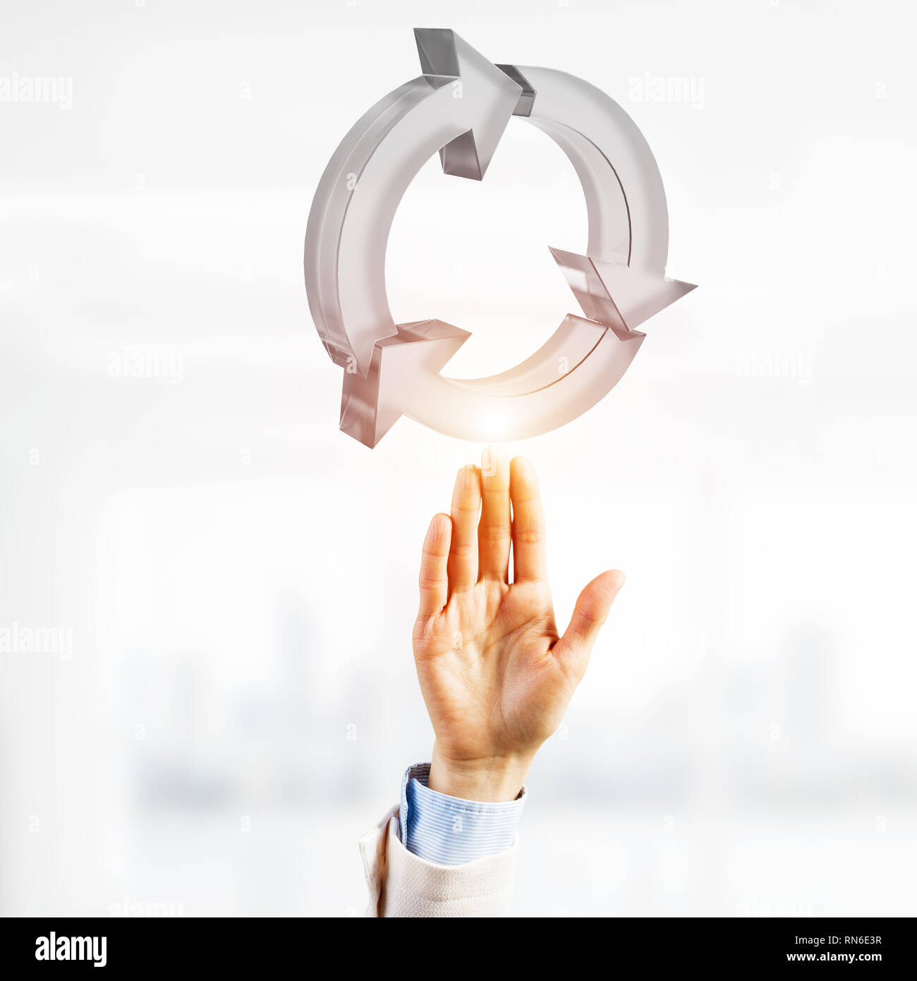 Web refresh icon and male hands as symbol for internet use. Mixed media ...