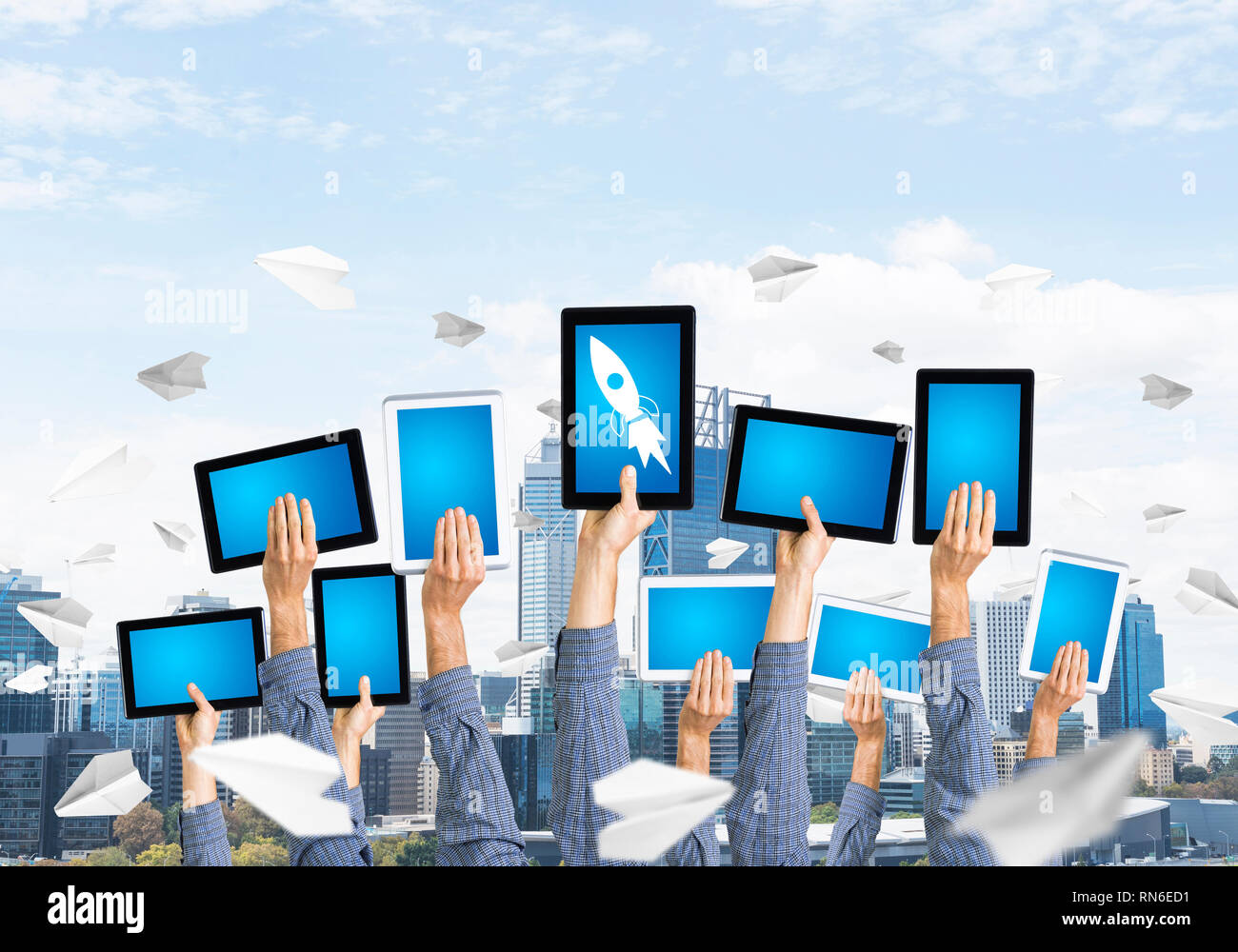 Close of man hands in line showing tablet pc with blank blue screen ...