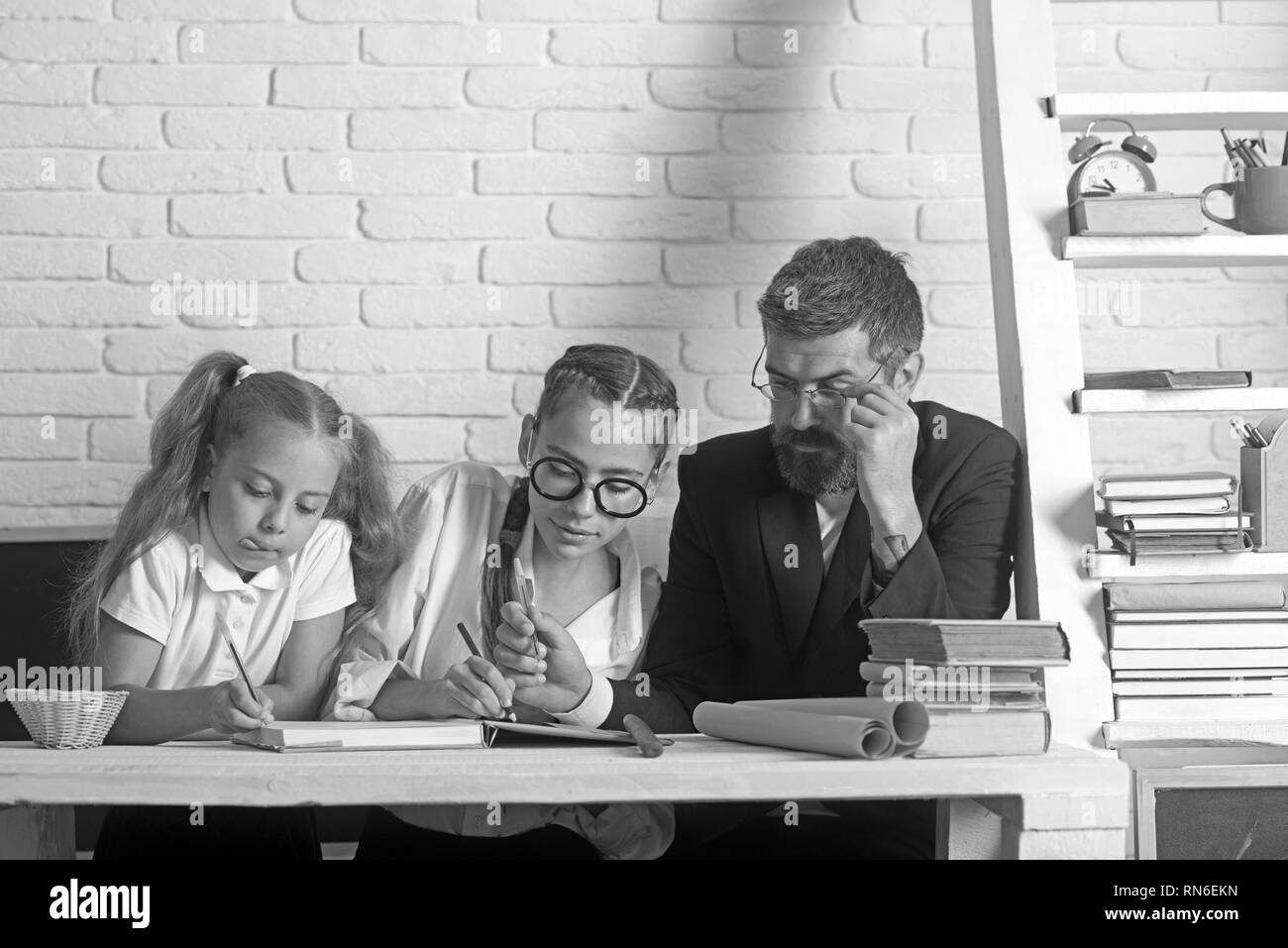 Back to school and home schooling. School time of girl sisters with ...