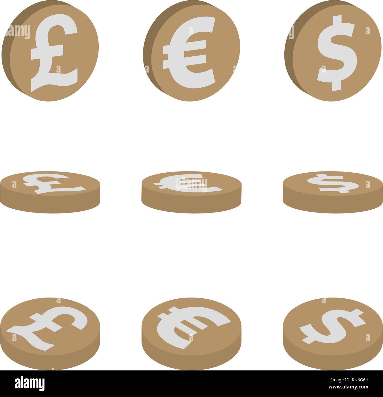 Isometric icons of coins dollar, euro, pound sterling, currency symbols ...